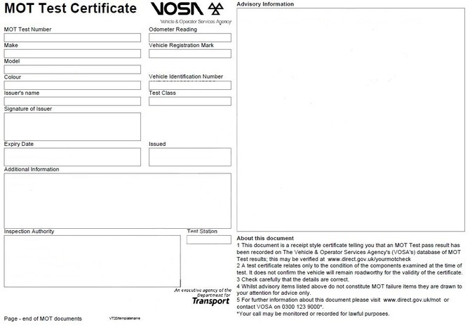 MOT test certificate uk version