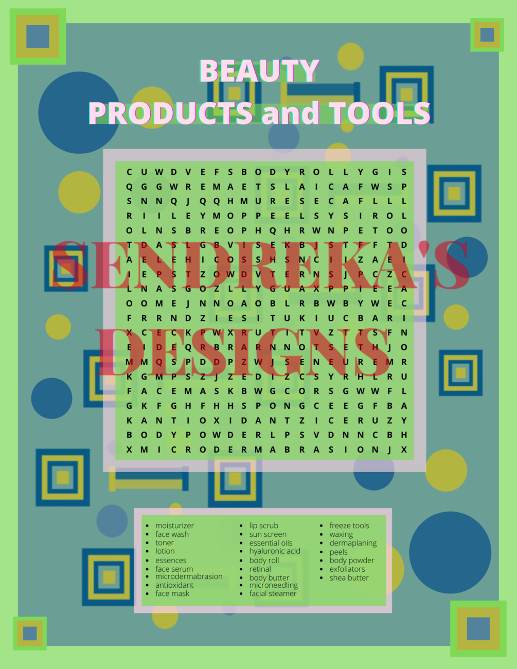 PDF Word Search Puzzle with Beauty Products and Tools Theme