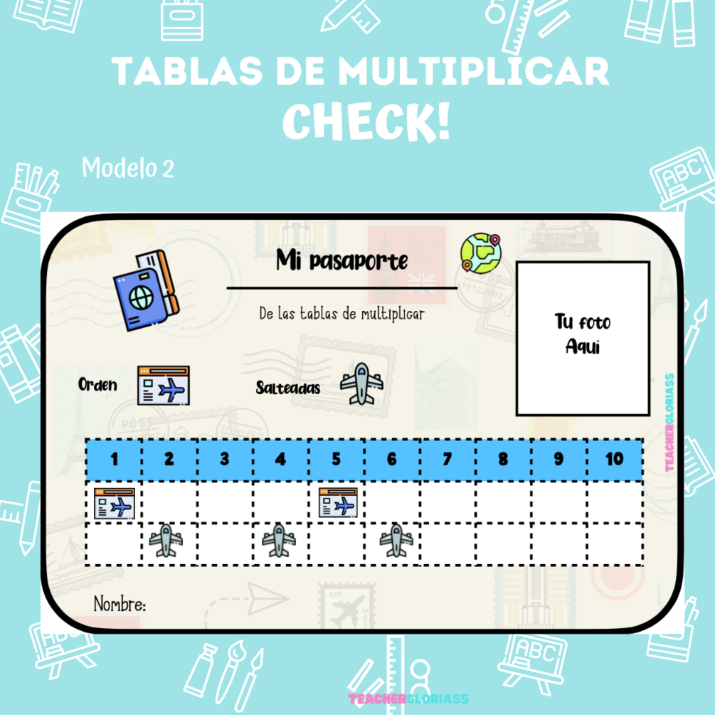 Tablas de multiplicar CHECK. Modelo Pasaporte. Versión Castellano