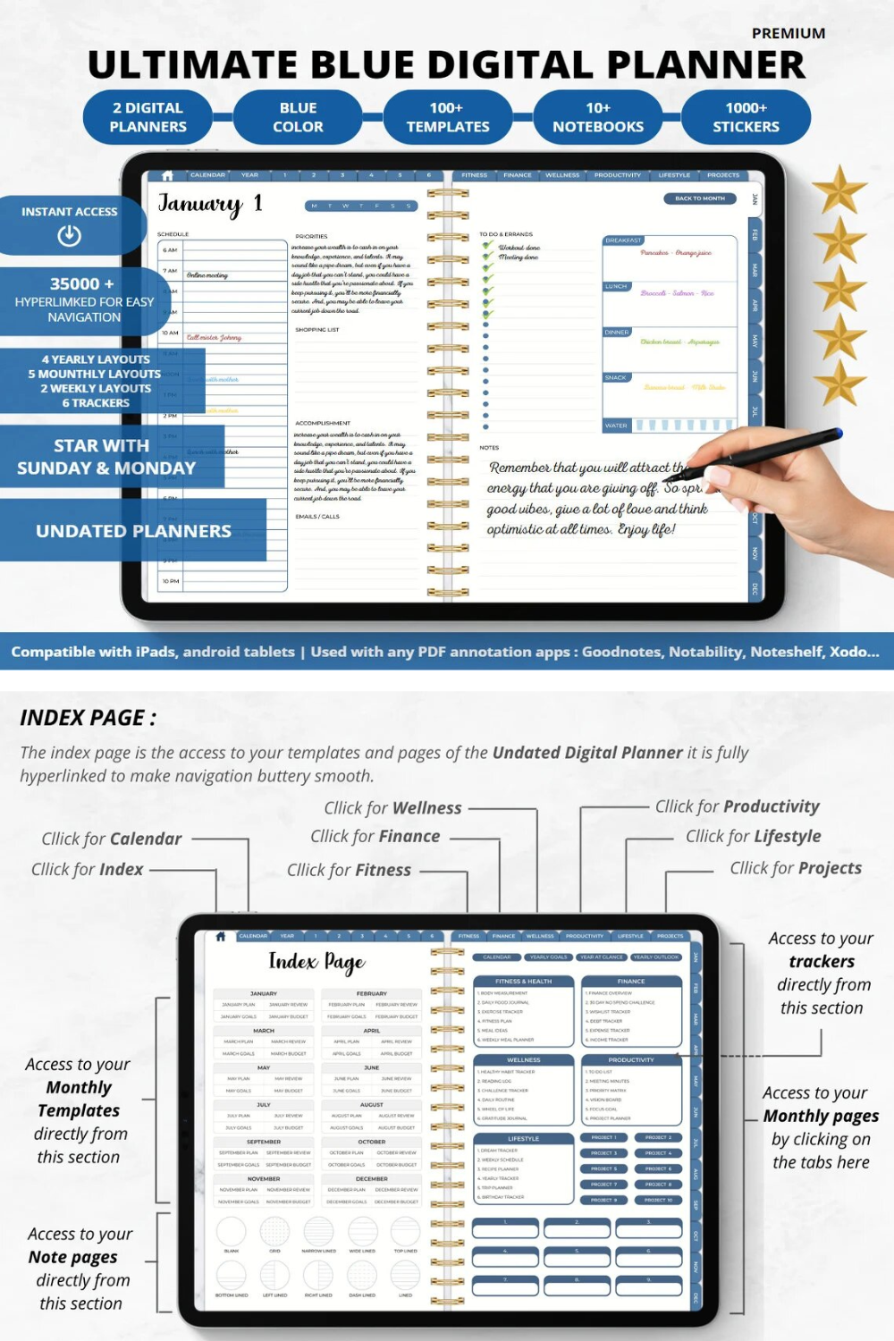 UNDATED DIGITAL PLANNER BLUE MODE