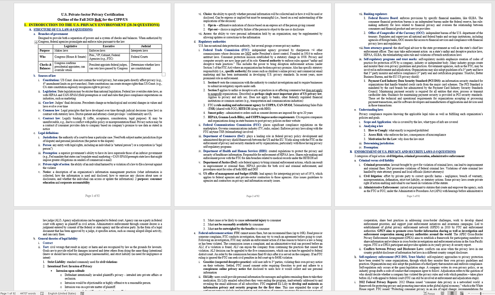 11th Hour CIPP/US Review Notes (92 pages)