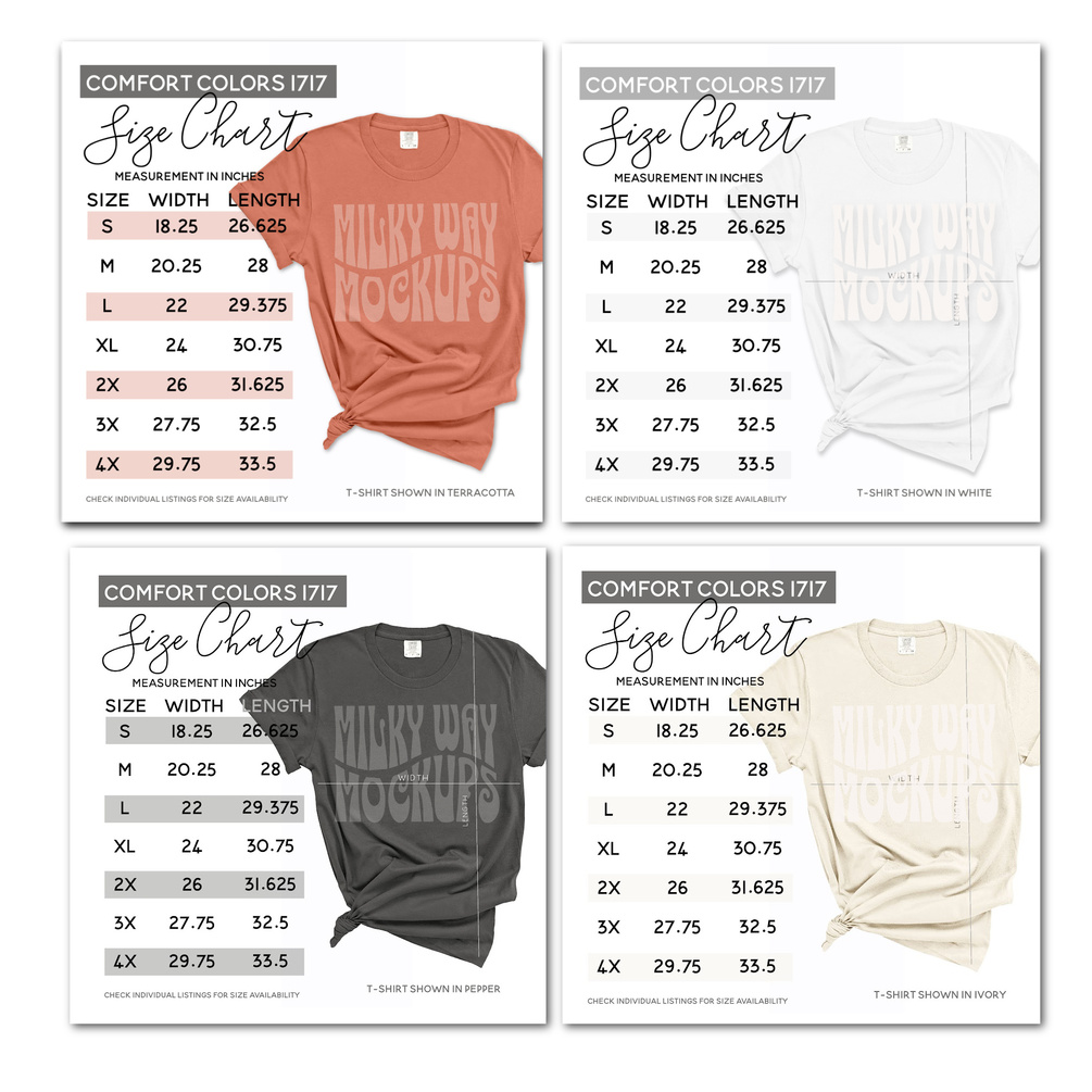 Comfort Colors 1717 Sizing Chart Bundle, Digital Mockups, Store Listing ...