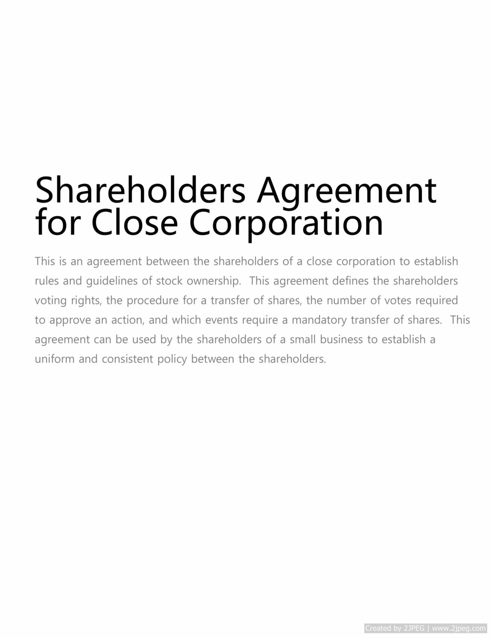 Shareholders Agreement for Close Corporation