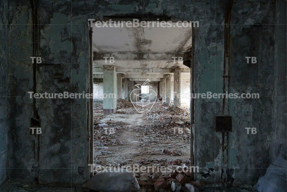 Inside destroyed building, long corridor