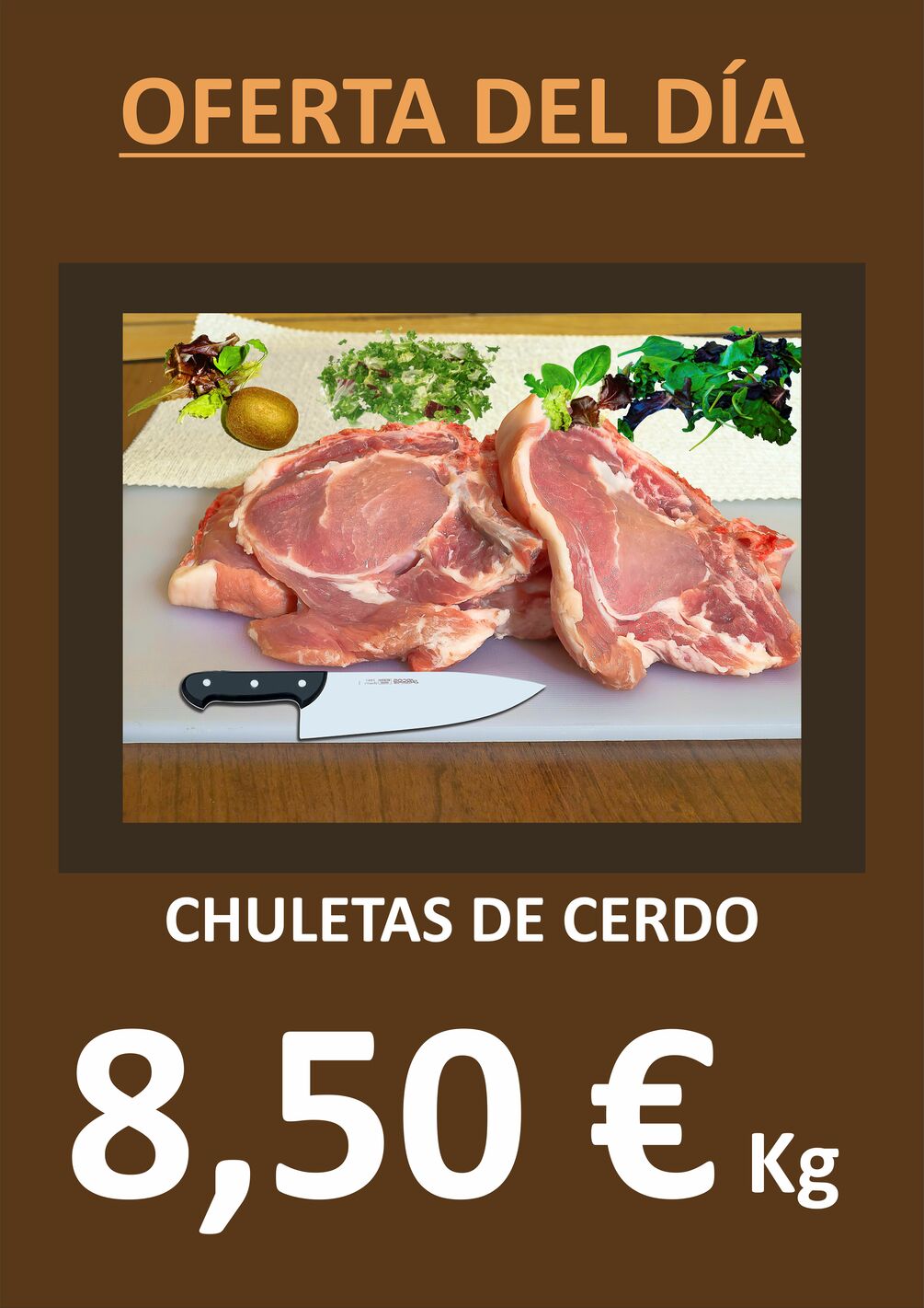 Poster publicitario para apoyo en venta de chuletas de cerdo.