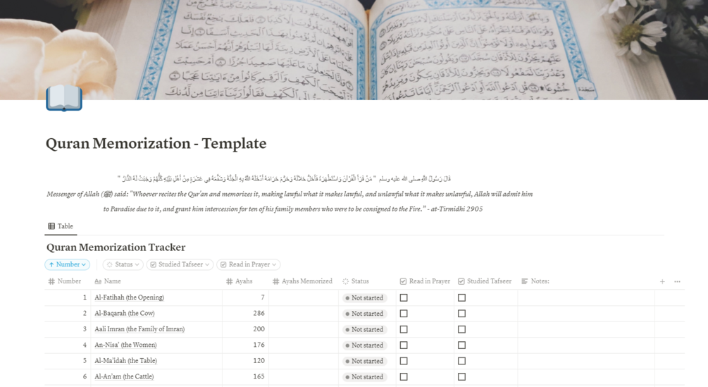 Quran Memorization Tracker - Notion Board