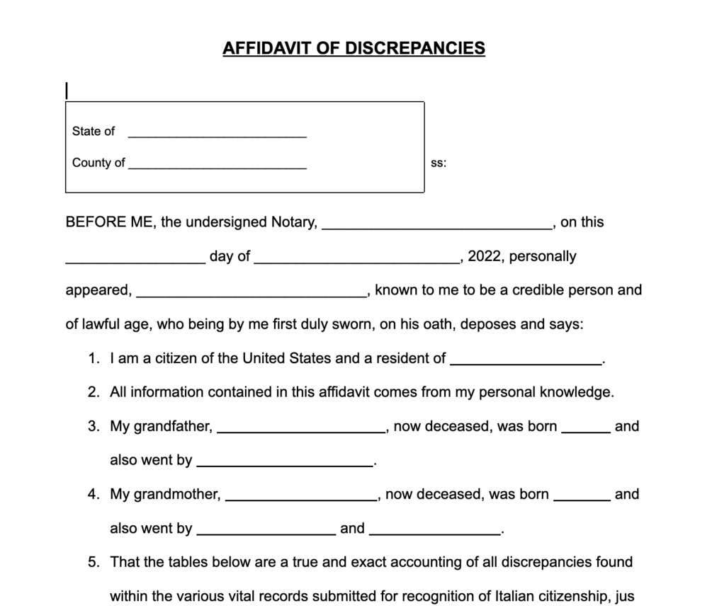 Affidavit of Discrepancies (English & Italian)