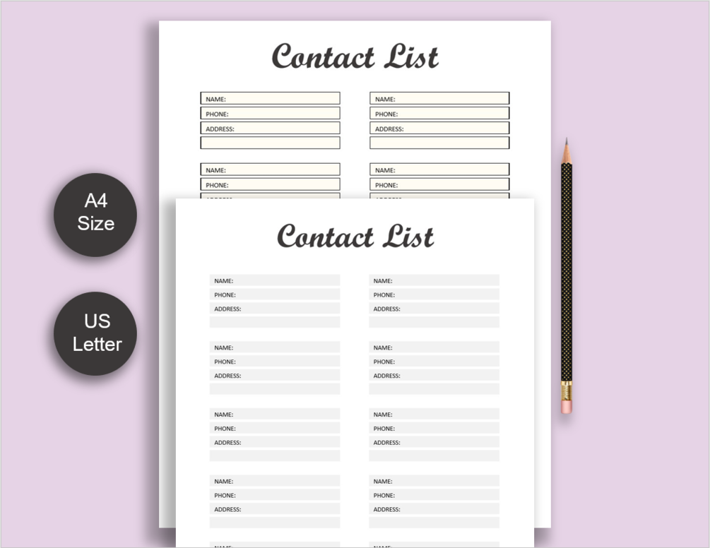 Contact List, Contact Inserts, Business Contacts, Printable JPG ...