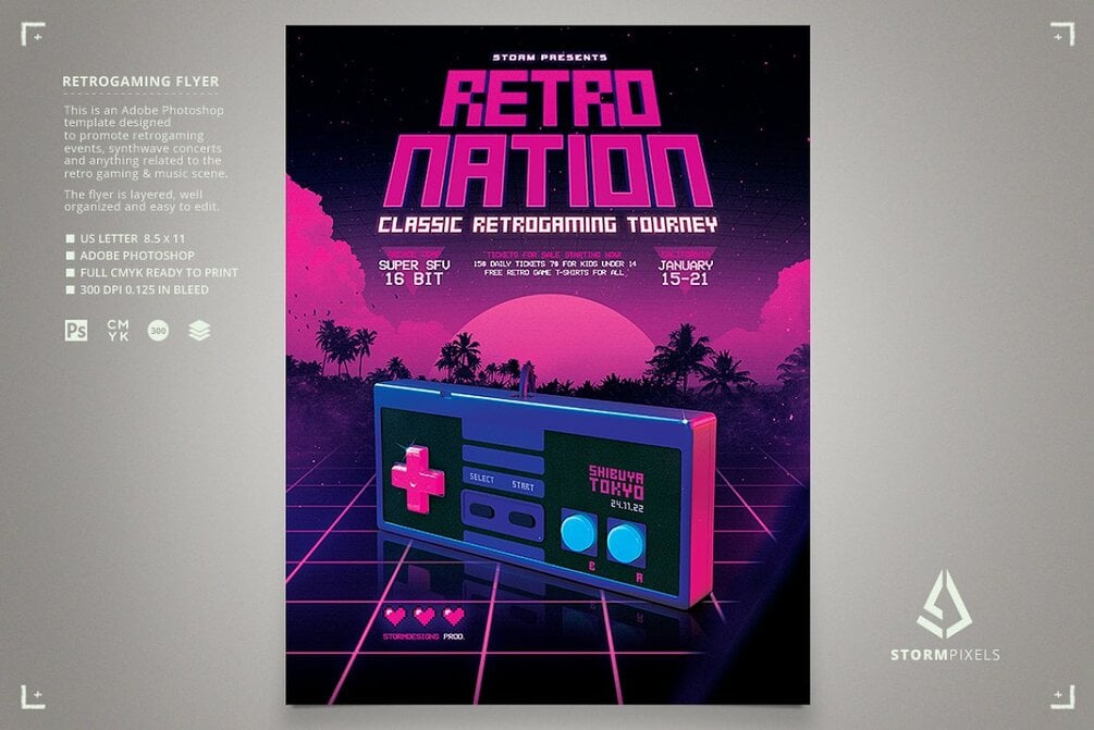 Retro Gaming Flyer 1980s Classic Game Gamepad