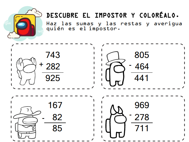 Descubre al impostor. SUMAS Y RESTAS CON LLEVADAS Among US