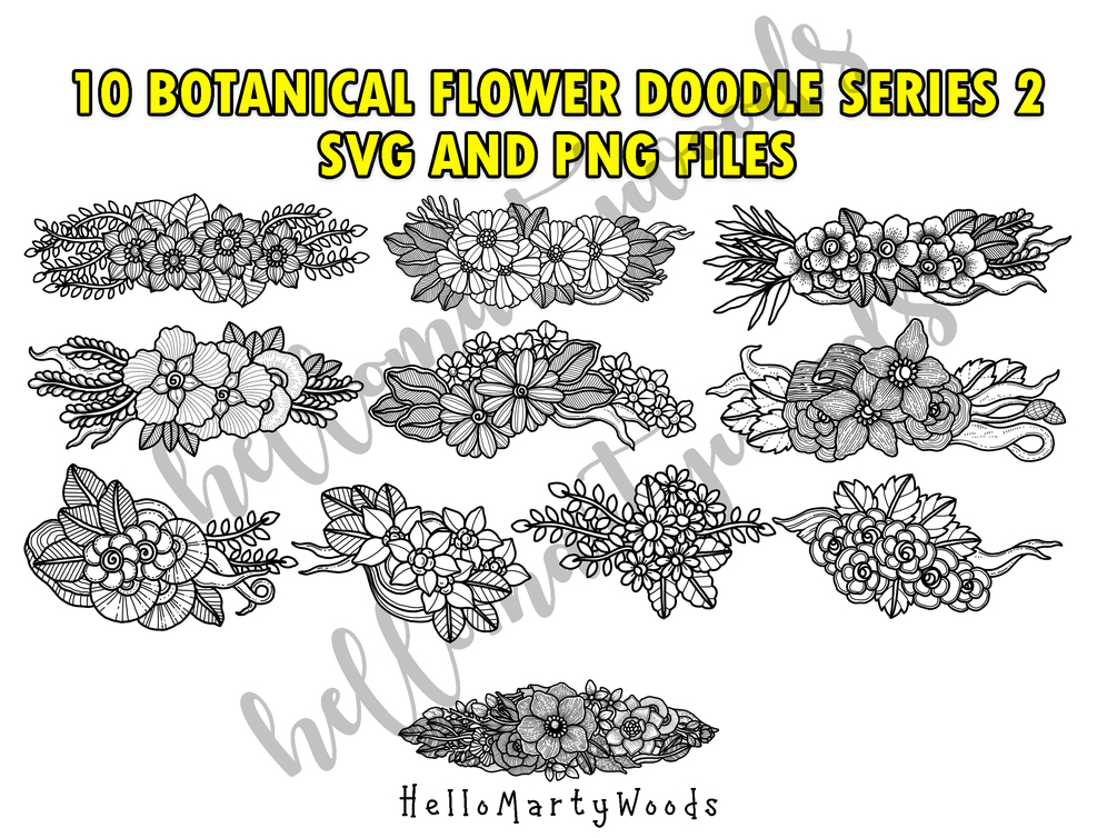 10 BOTANICAL FLORAL FLOWER DOODLE SERIES 2 SVG AND PNG FILE SETS
