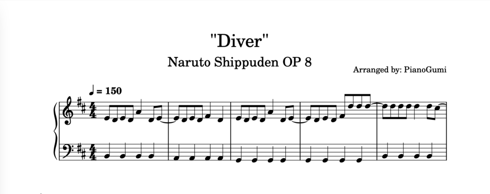 Naruto Shippuden OP 8 - "Diver" - Piano Sheet Music