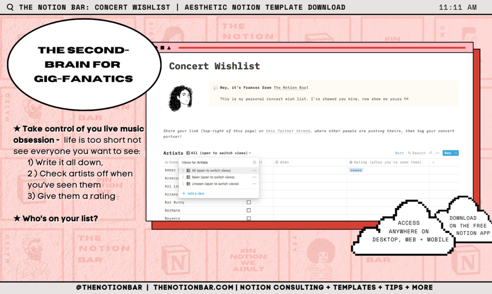 Concert Wishlist | Aesthetic Notion Template Download