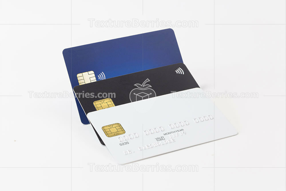 Group of white, black and blue credit cards