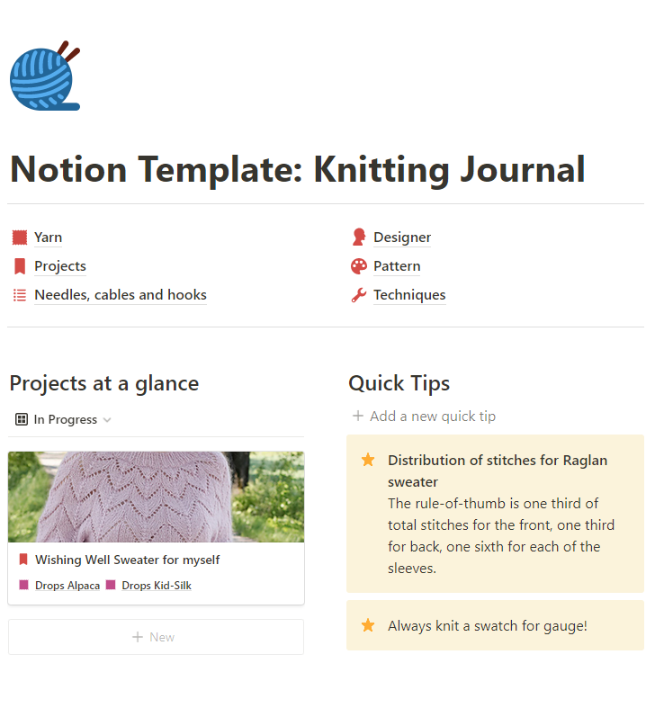 Notion Template: Knitting Journal