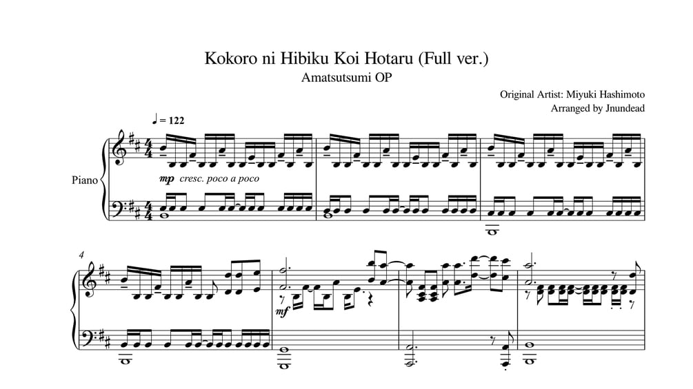 [Amatsutsumi OP] Kokoro ni Hibiku Koi Hotaru (Full ver.) Piano Arrangement