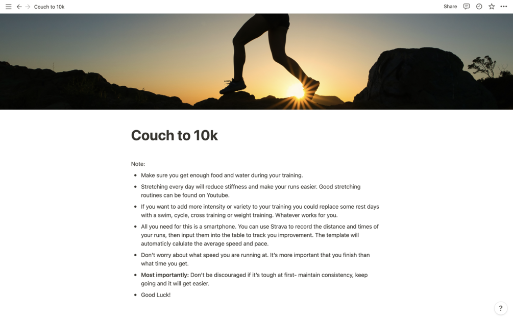 Couch to 10K Training Plan Notion Template