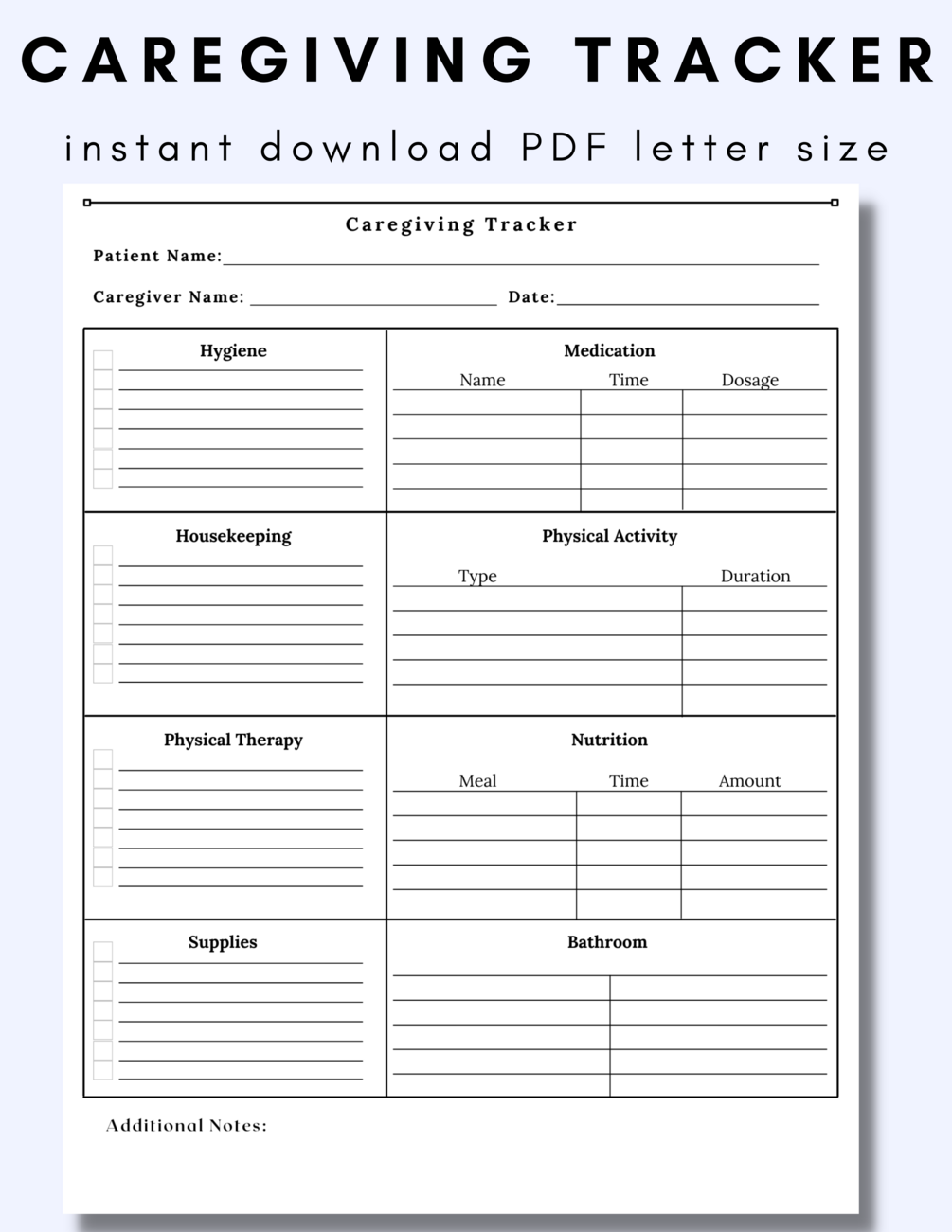 Care Giver Caregiving Tracking Sheet Care Log PRINTABLE Fill-in Form ...