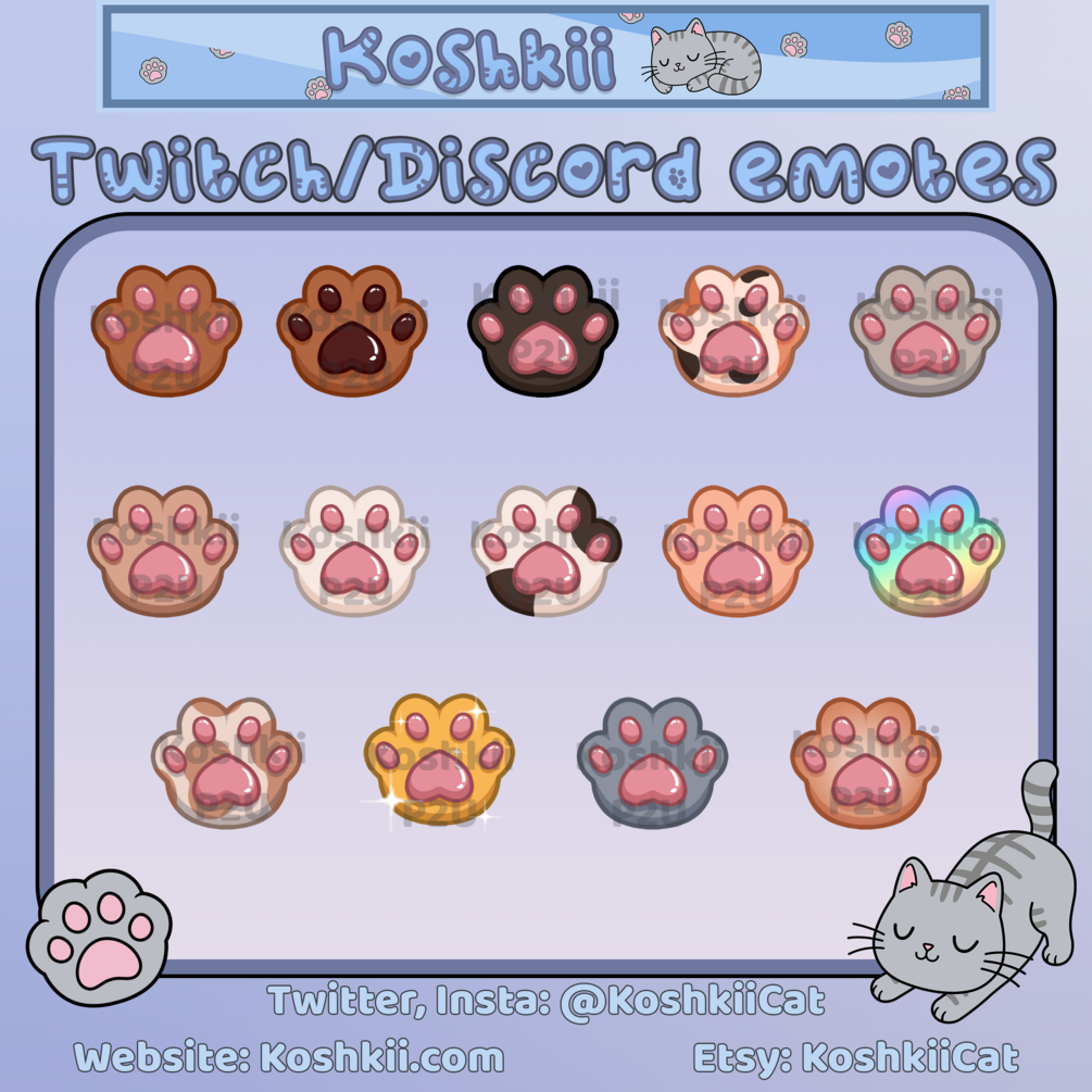 Bundle of 14 Kitty Cat Paw Emotes for Discord, Slack, Twitch, etc.