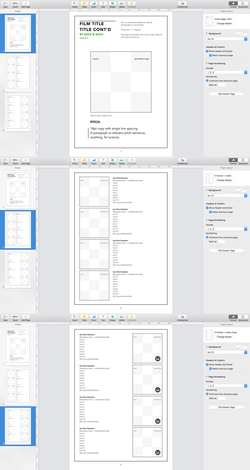 Apple Pages Storyboard Template, 4 frames per sheet for 1:1 aspect ...