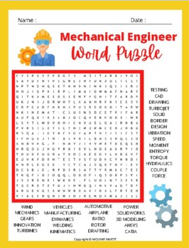 Mechanical Engineer Word Search Worksheet- Engineering Mind Activities ...
