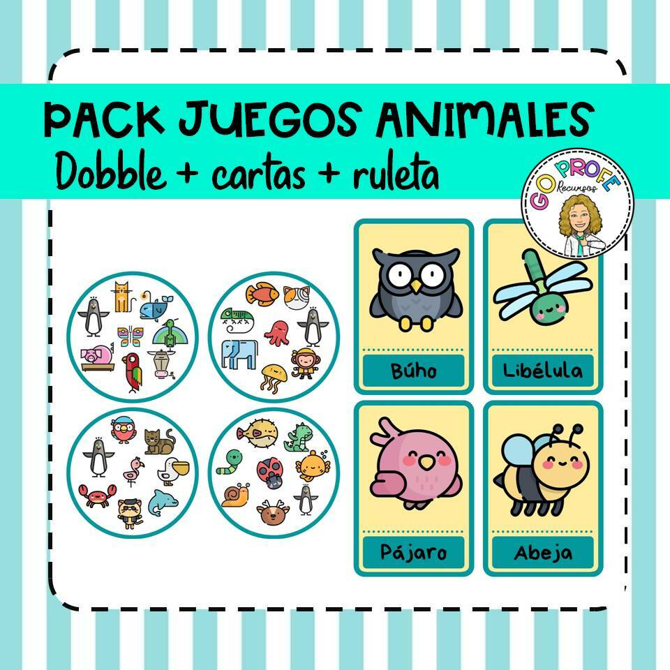 Juego animales: Dobble + cartas + ruleta de Party