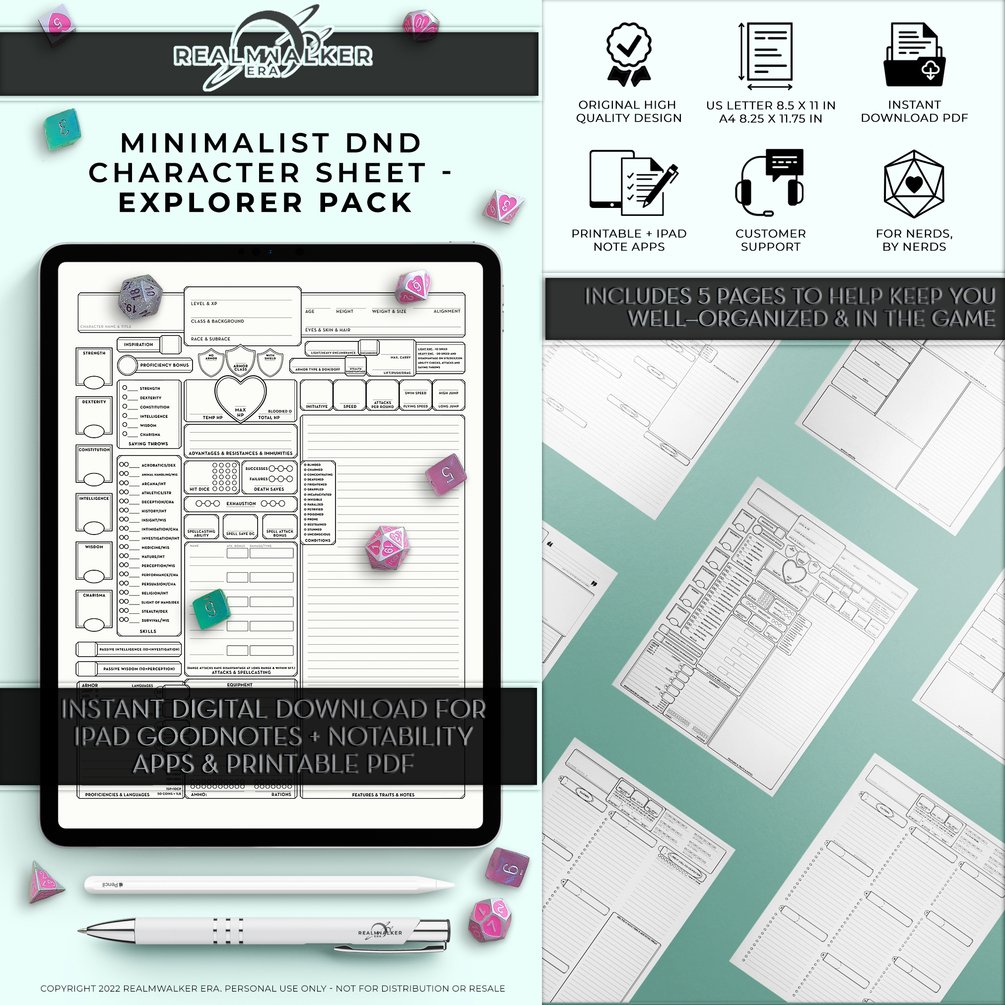 Minimalist DND 5e character sheet | Explorer Pack | instant digital ...