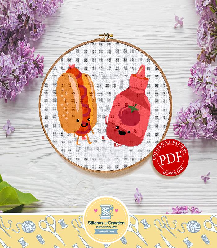 Ketchup and Hotdog | Digital Download | Round Cross Stitch Pattern
