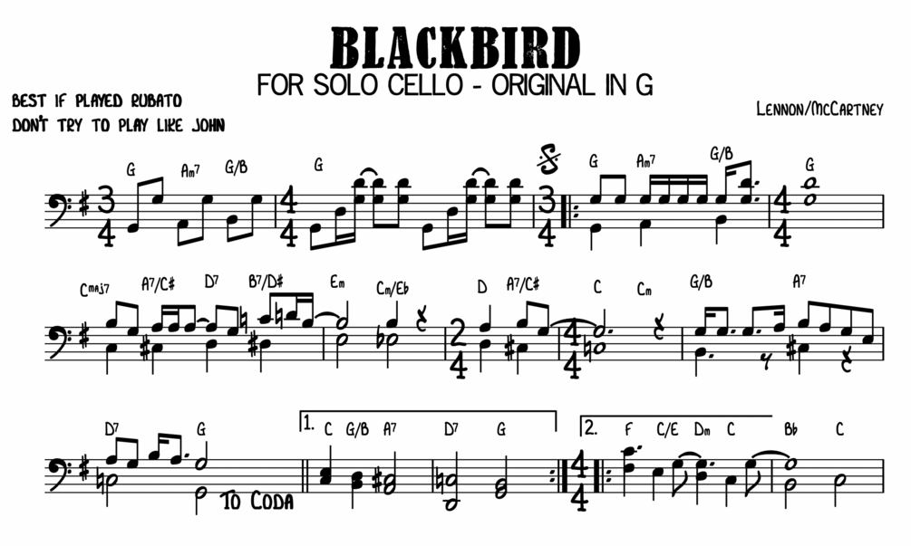 "Blackbird" by the Beatles for SOLO CELLO