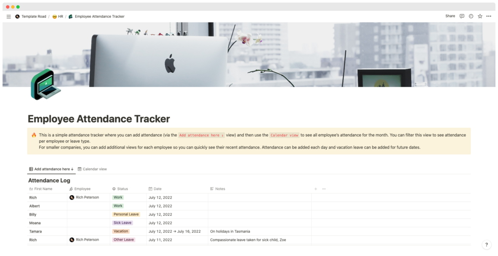 Notion Employee Attendance Tracker Template
