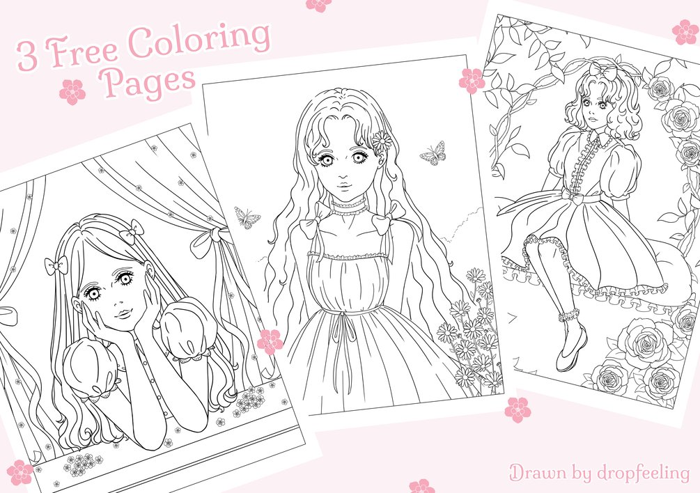 3 Free Coloring Pages: Girls in Vintage Fashion & Flower Themes
