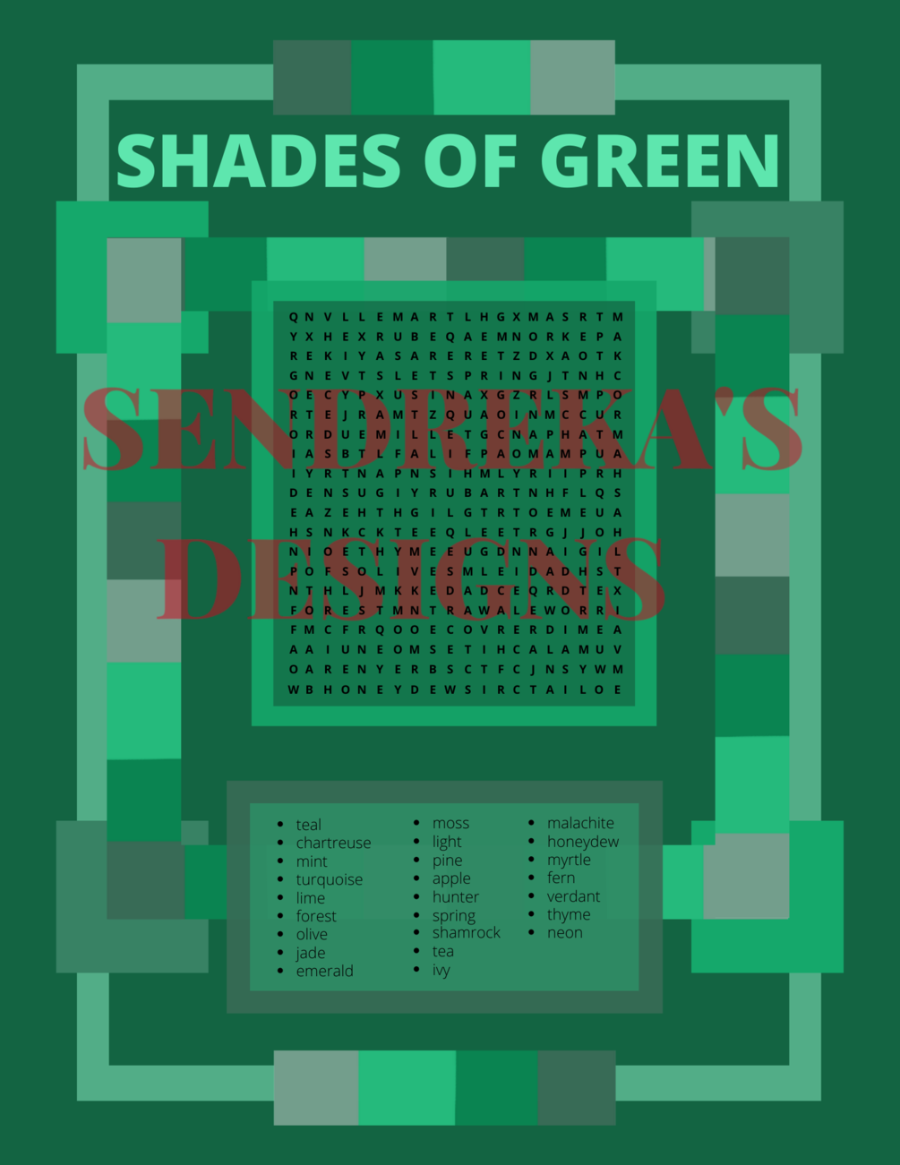 PDF Word Search Puzzle with Shades of Green Theme