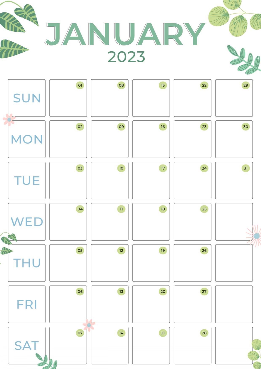 Jan 2023 Calendar (Vertical)
