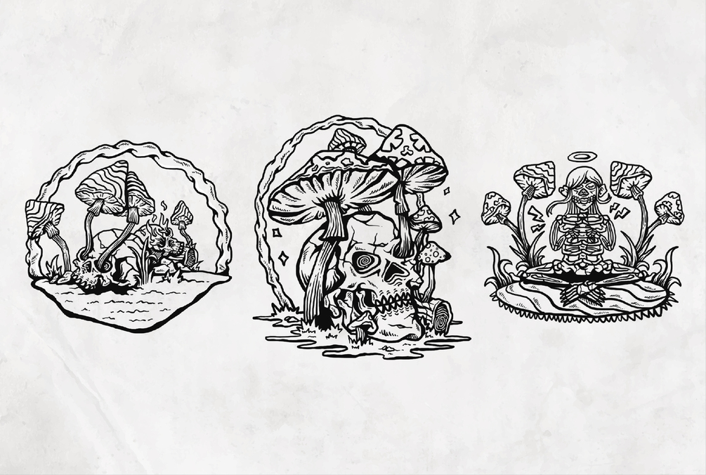 Trippy and Psychedelic Skull B&W Illustration Design