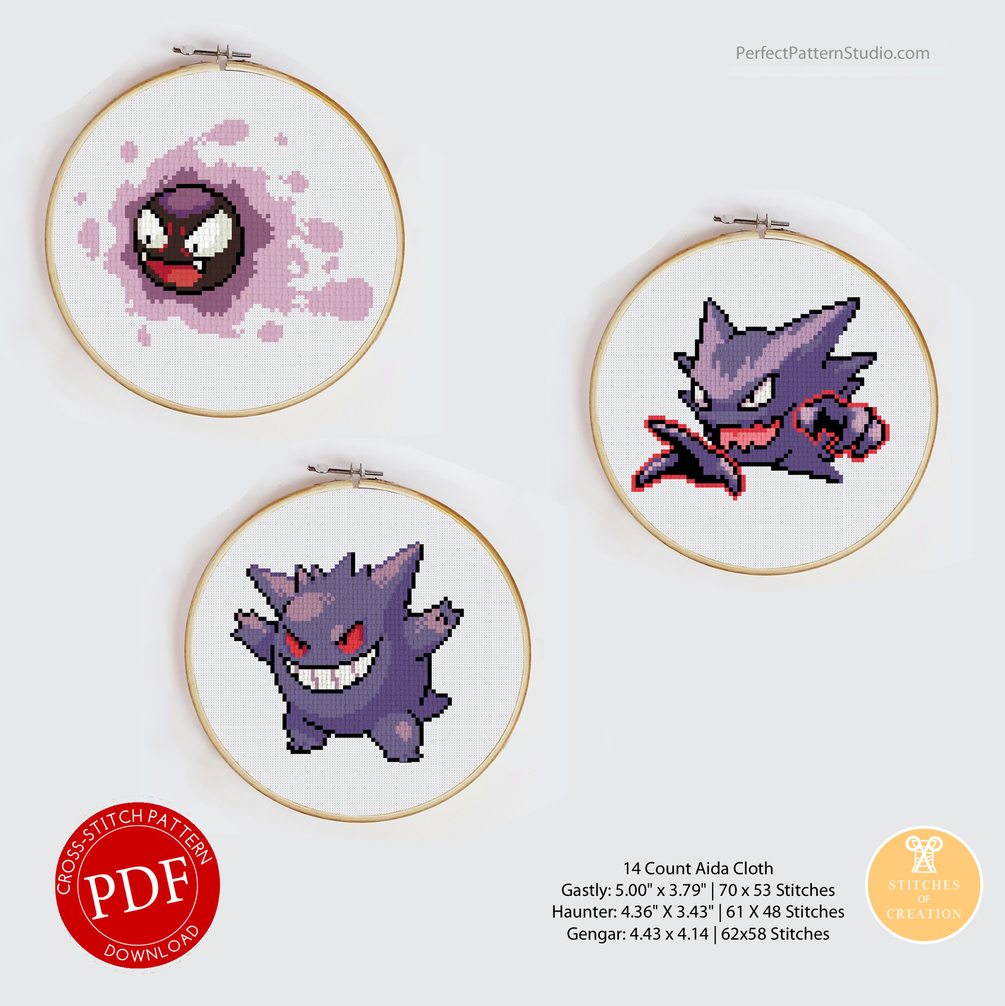 Ghostly evolution Gastly Haunter and Gengar Cross Stitch Pattern PDF