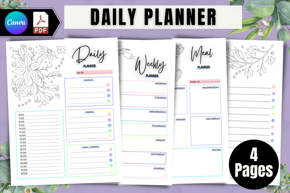 Daily, Weekly, Meal, To-Do List Planner Printable Canva Templates