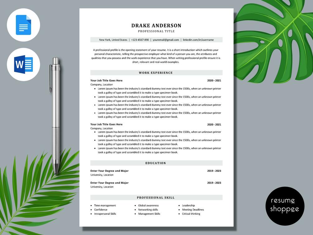 ATS Friendly Resume Template for Word & Google Docs | Resume 2 Pages ...