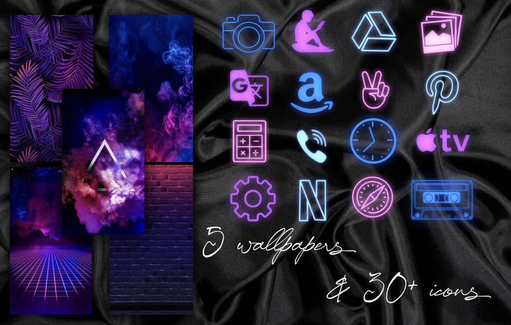 Blue/pink neon app icons and wallpapers