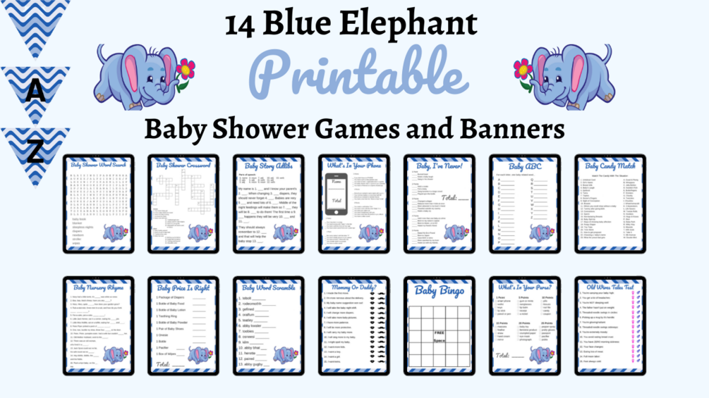 14 Blue Elephant and Flower Printable Baby Shower Games, Matching ...