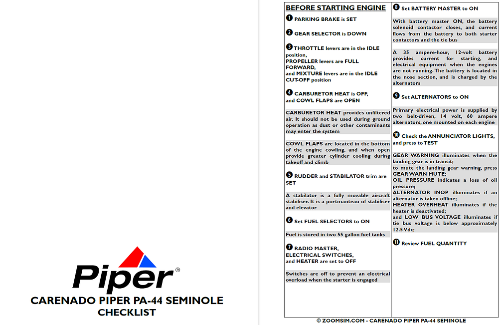 Carenado Piper PA-44 Seminole checklist