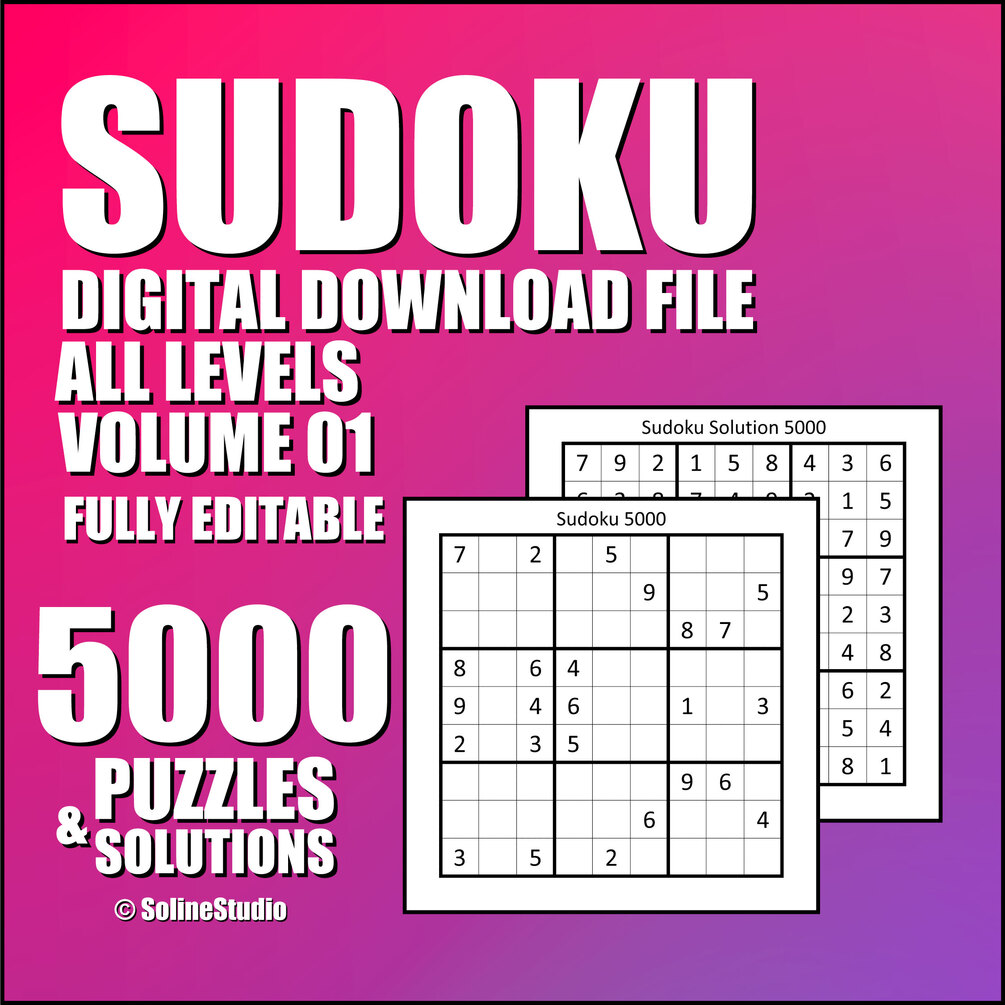 5000 Sudoku Puzzle Book 9x9 Grid FULLY EDITABLE - All Levels Volume 01
