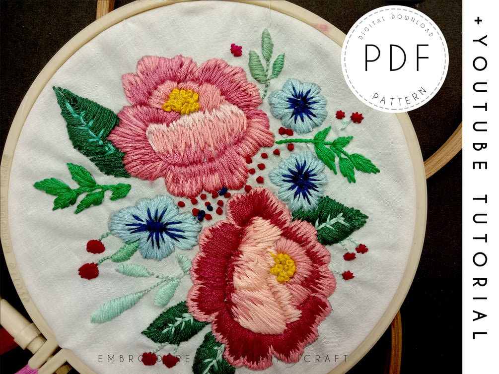 Peony Embroidery Pattern | Embroidery Crafts DIY Digital Download ...