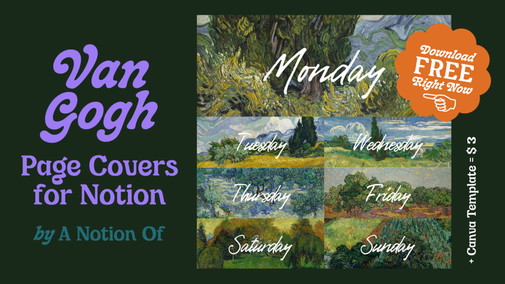 7 Notion Covers Vincent Van Gogh Art with Weekdays