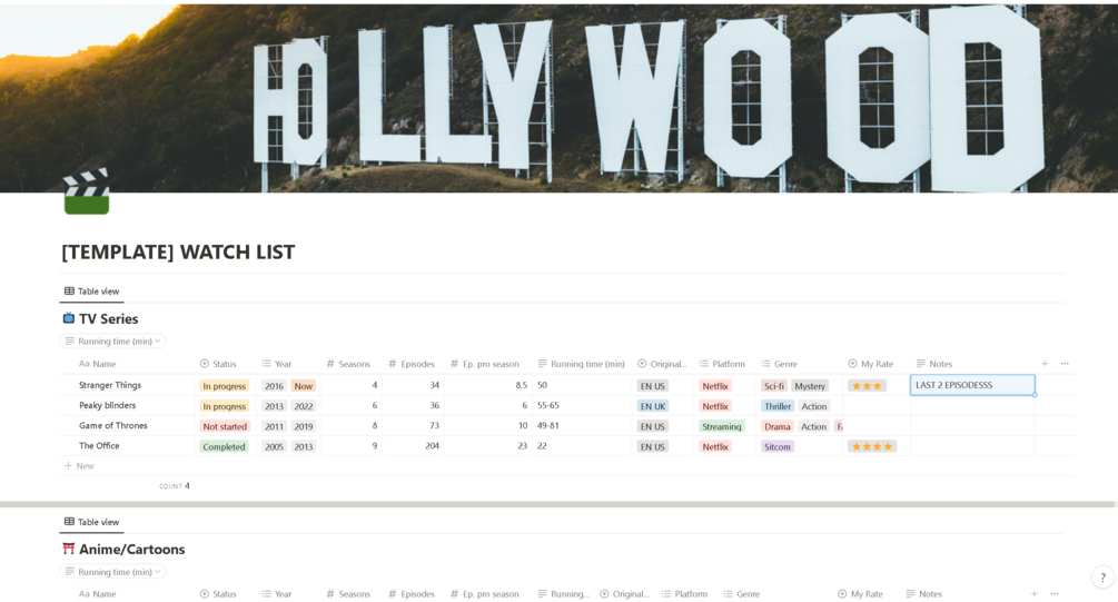 Notion Watch List Template