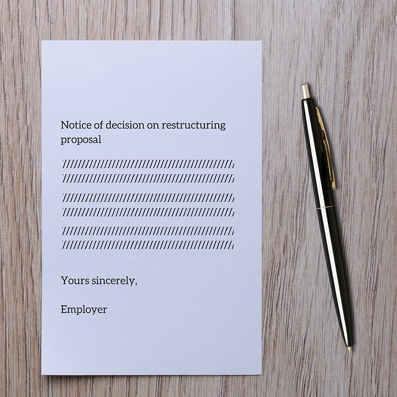 Letter advising employee of decision on restructuring proposal