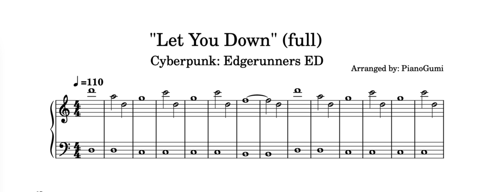 [full] Cyberpunk: Edgerunners ED - "Let You Down" - EASY Piano Sheet Music