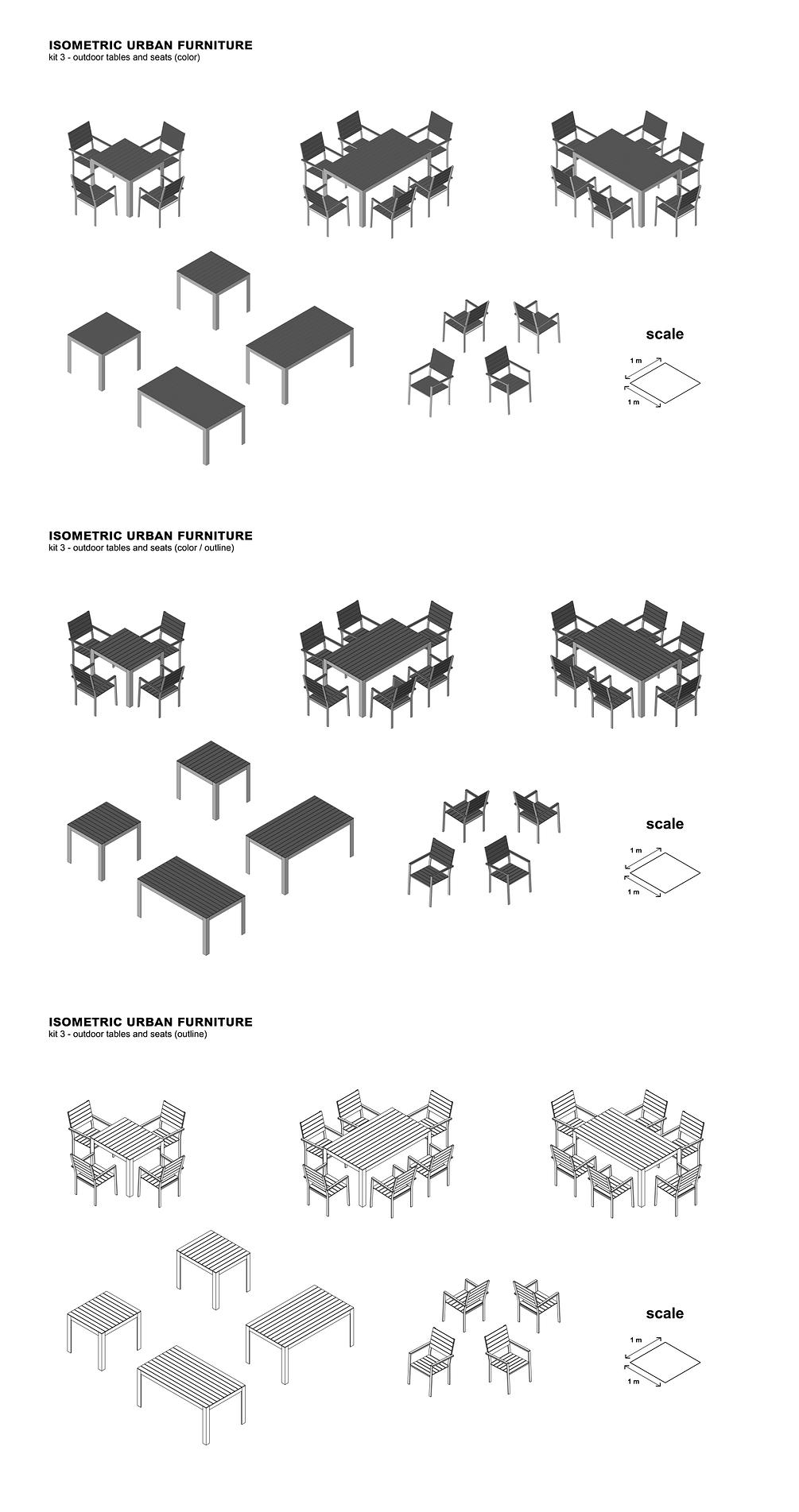 FREE - Isometric urban furniture kit 3 outdoor tables and seats (PSD)