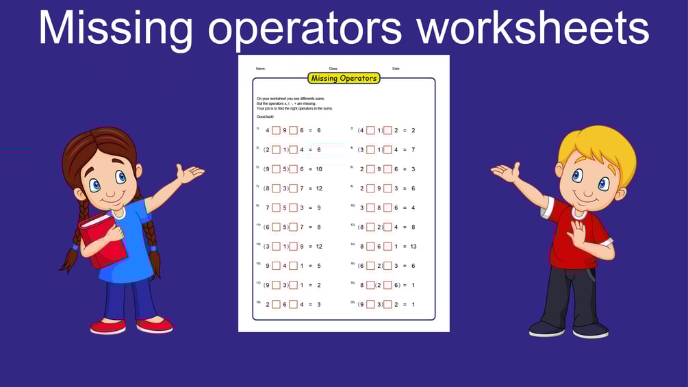 Missing operators, math worksheets for kids