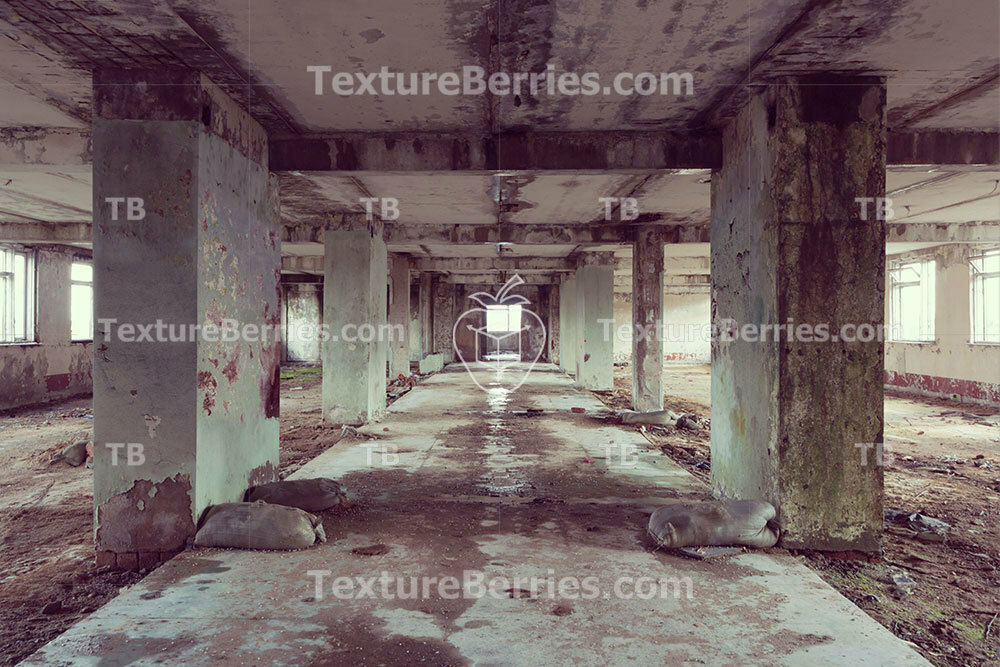 Inside destroyed building, ruins of the factory