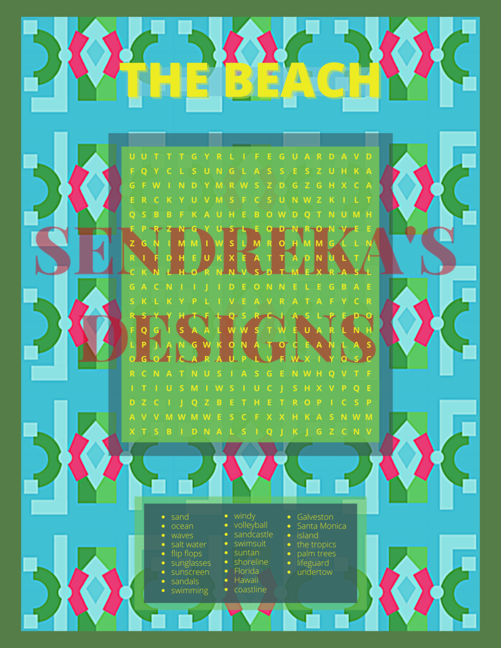 PDF Word Search Puzzle with Beach Theme